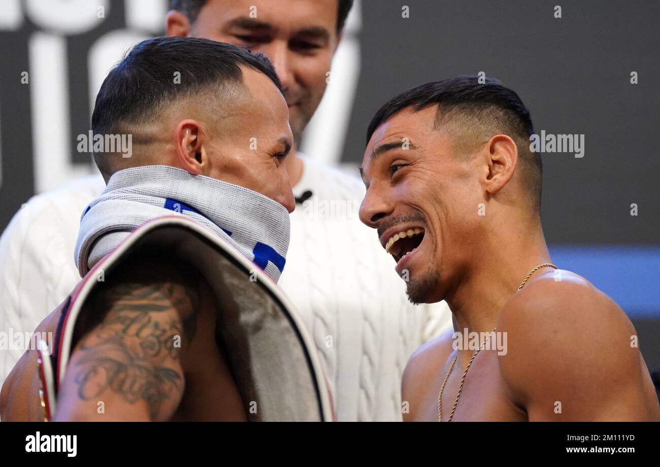 Josh Warrington and Luis Alberto Lopez during the weigh in at Aspire ...