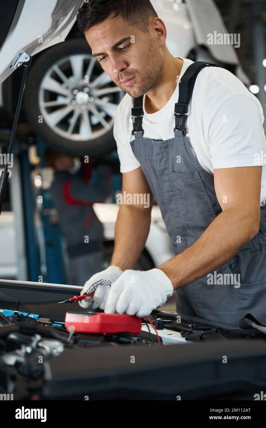Portrait of worker checking technical condition of battery Stock Photo ...