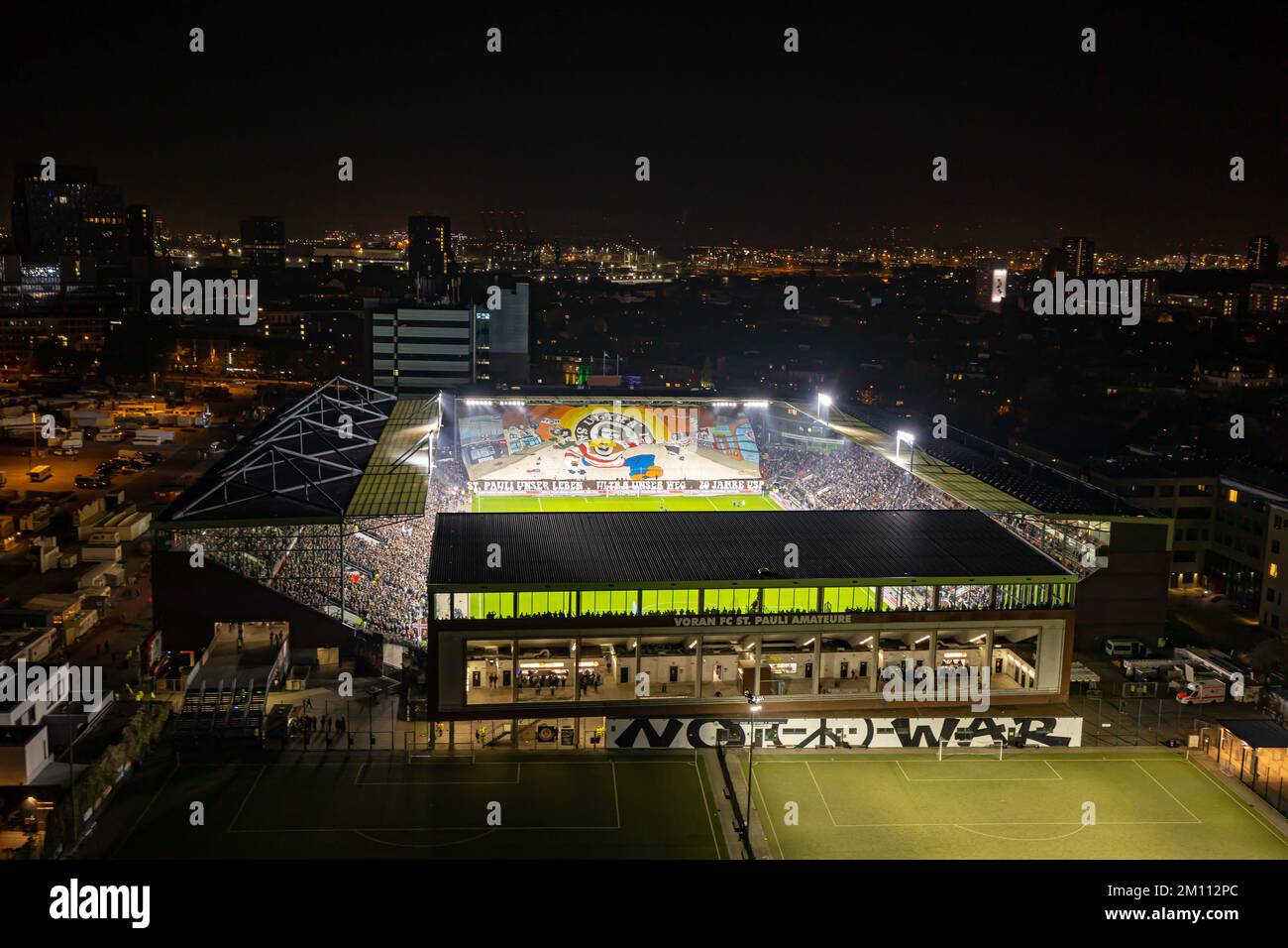 An aerial view of the Millerntor Stadium during the match at night ...