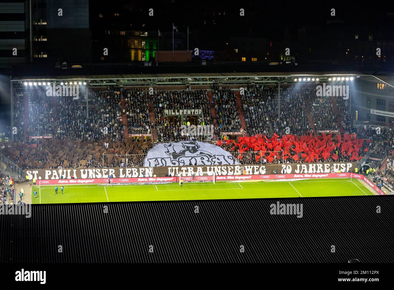 An aerial view of the Millerntor Stadium during the match at night ...