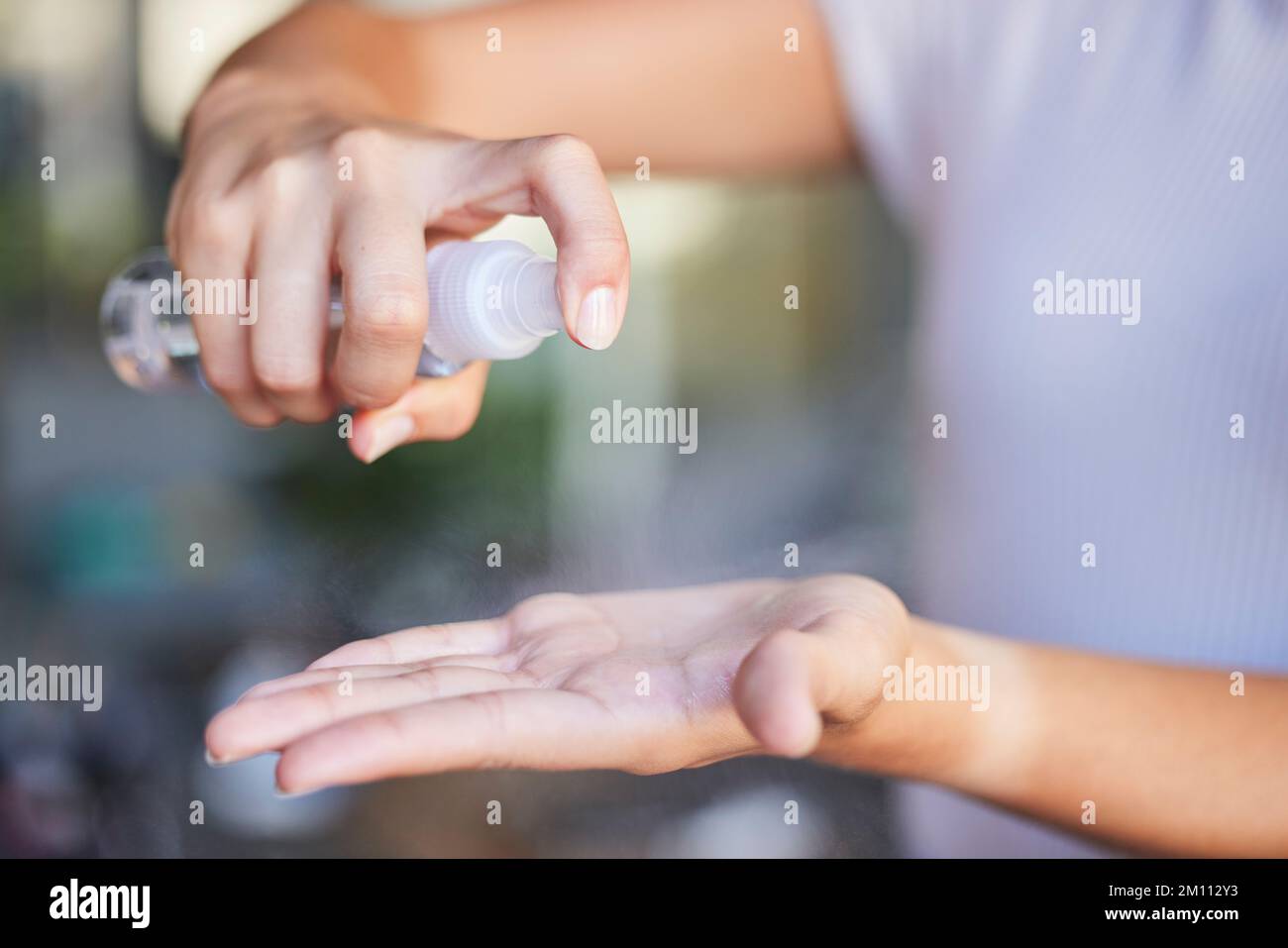 Woman, hands and sanitize for healthcare hygiene or virus disinfectant ...