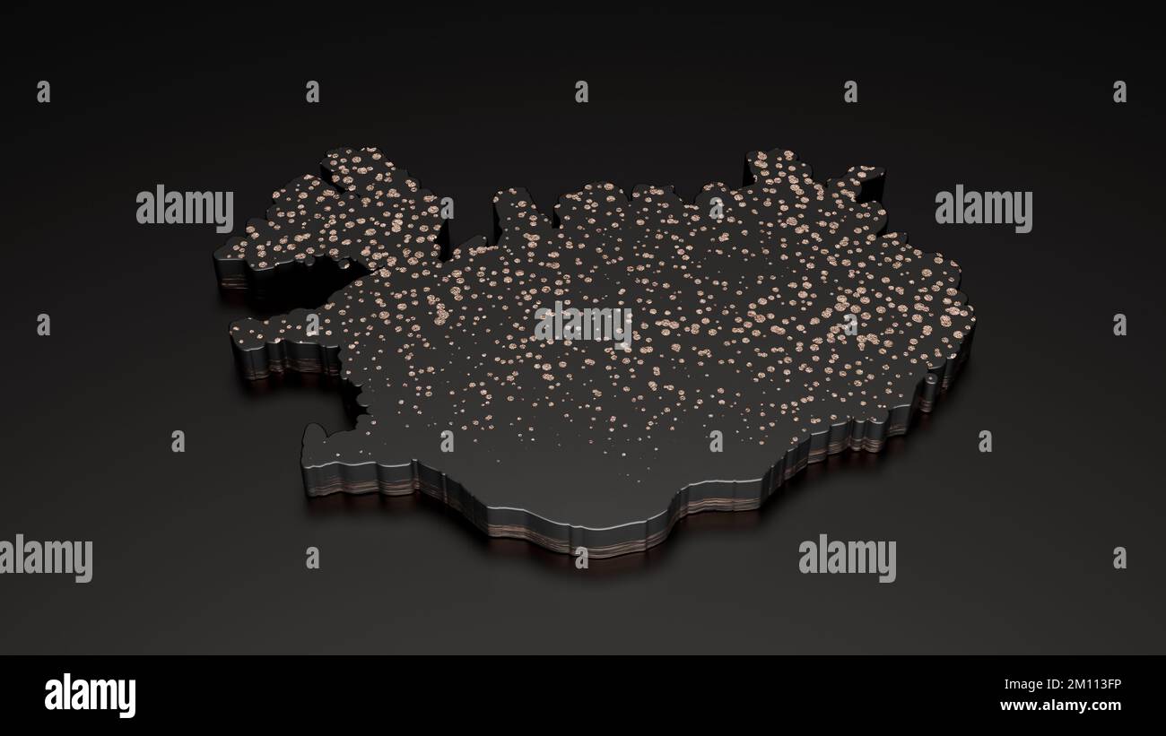 A 3D illustration of Iceland's black metallic texture map isolated on a ...