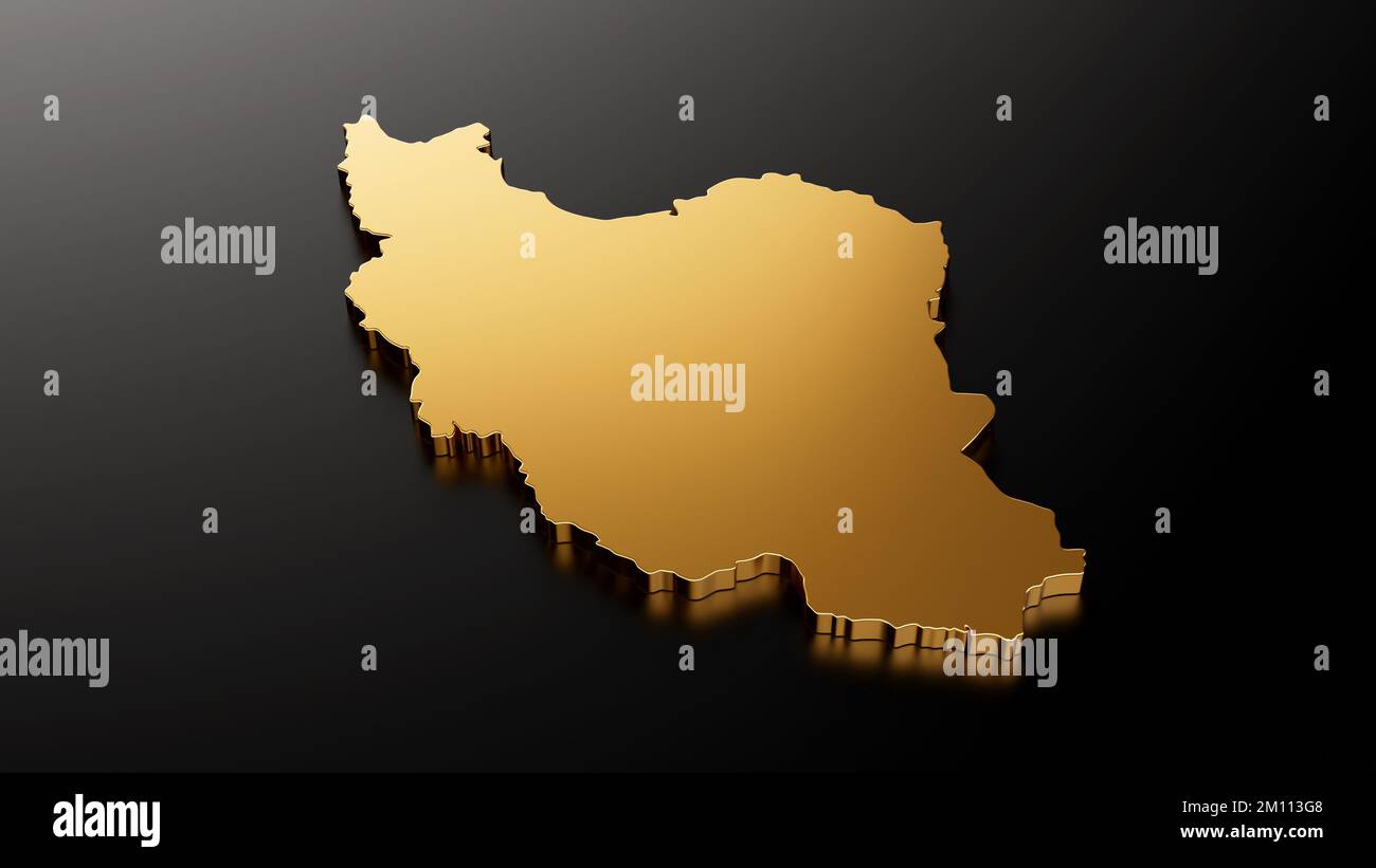 A 3D illustration of Iran's gold map isolated on a black background ...