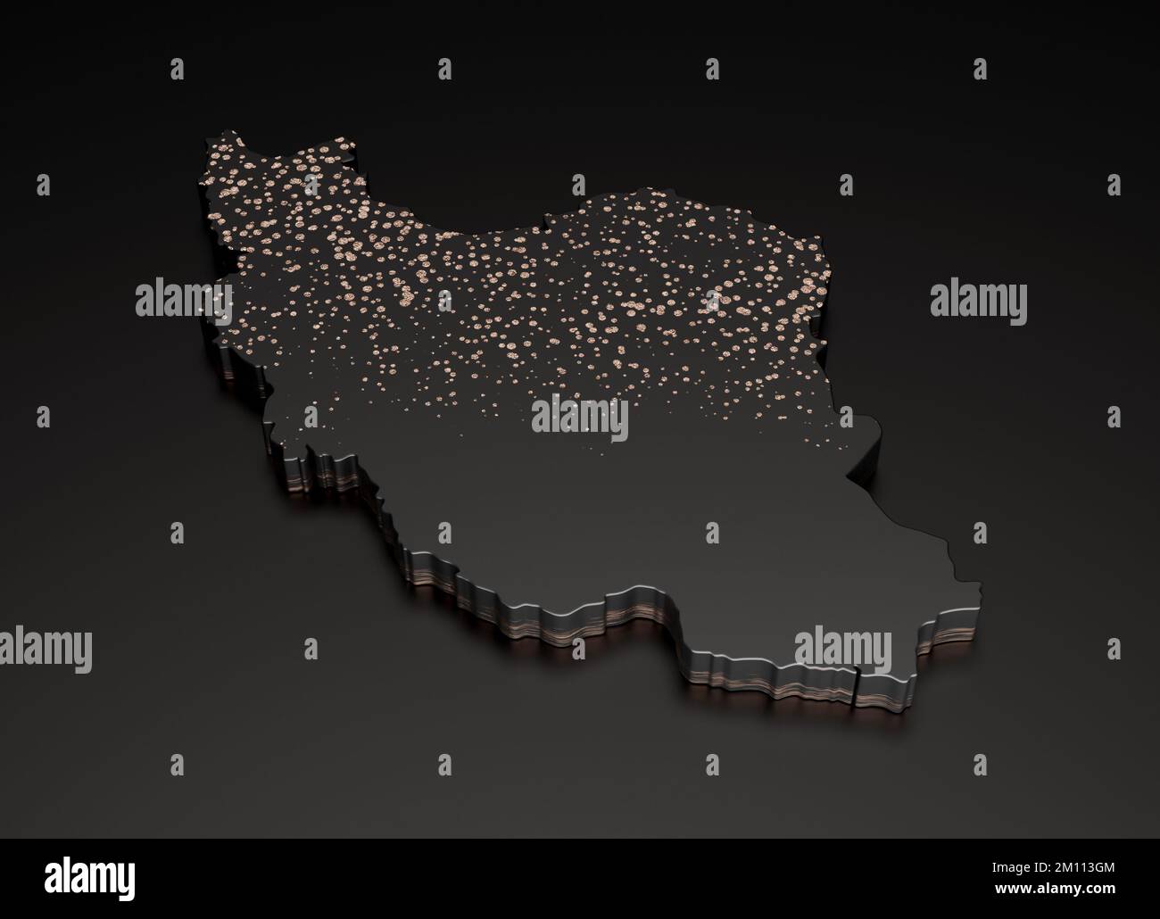 A 3D illustration of Iran's black stone texture map isolated on black a ...