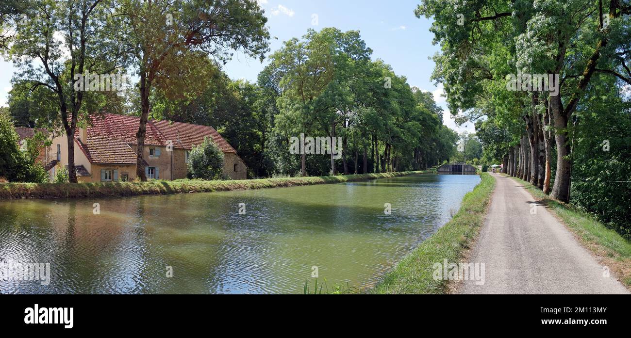 Ancient treelined tow path along the Canal of Burgundy in Vandenesse en ...