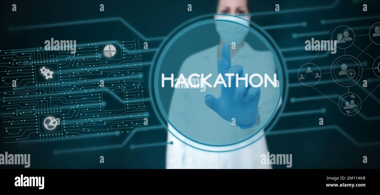 Sign displaying Hackathon. Internet Concept event where large number of ...