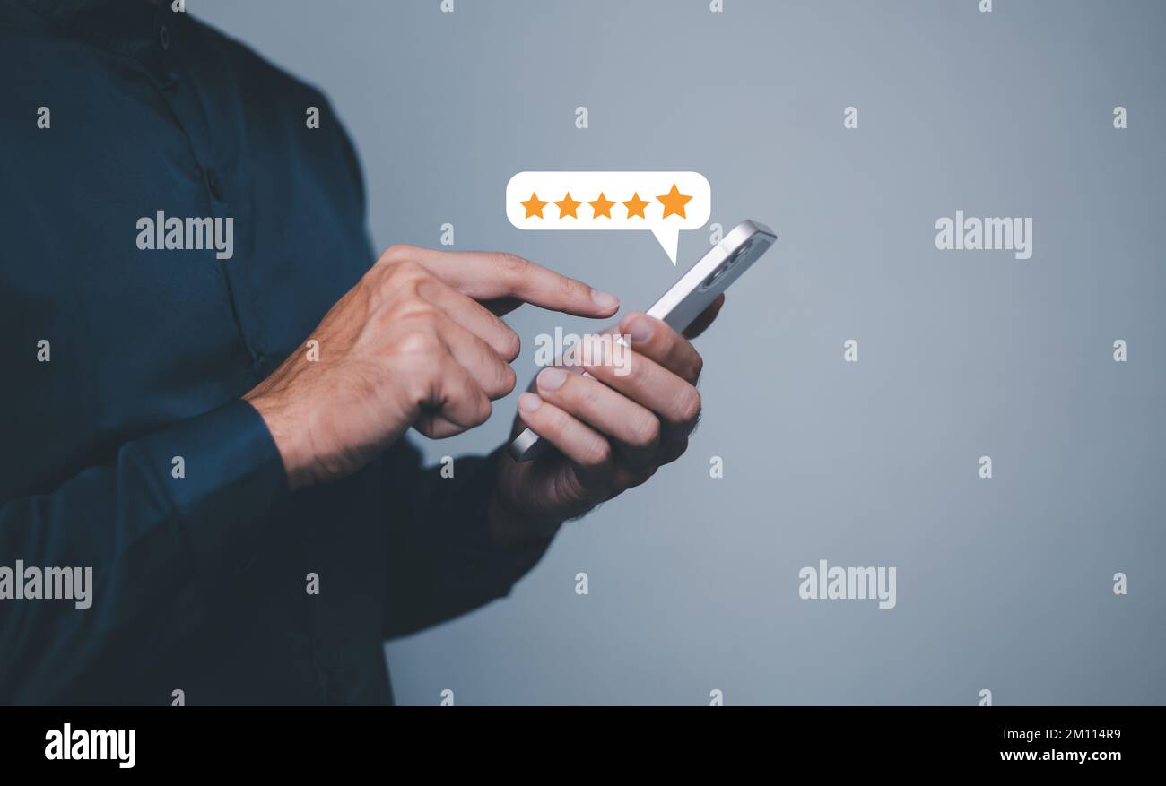 Business concept, customer man hand pressing on smartphone screen with ...