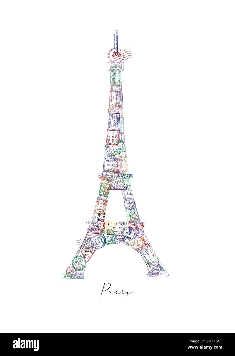 Eiffel tower made from a passport stamps different countries with ...