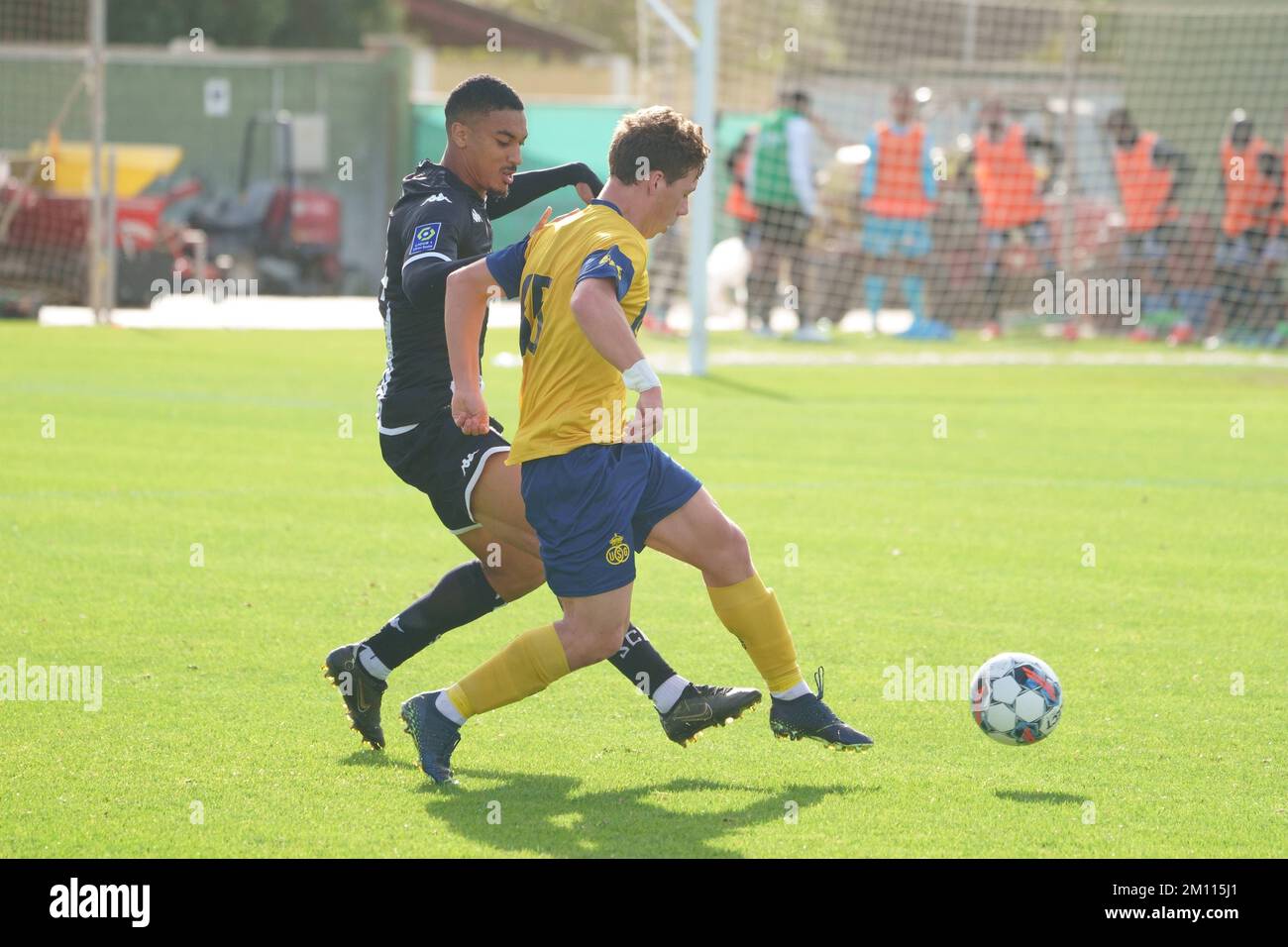 Angers' Yan Valery and Union's Arnaud Dony pictured during a football ...