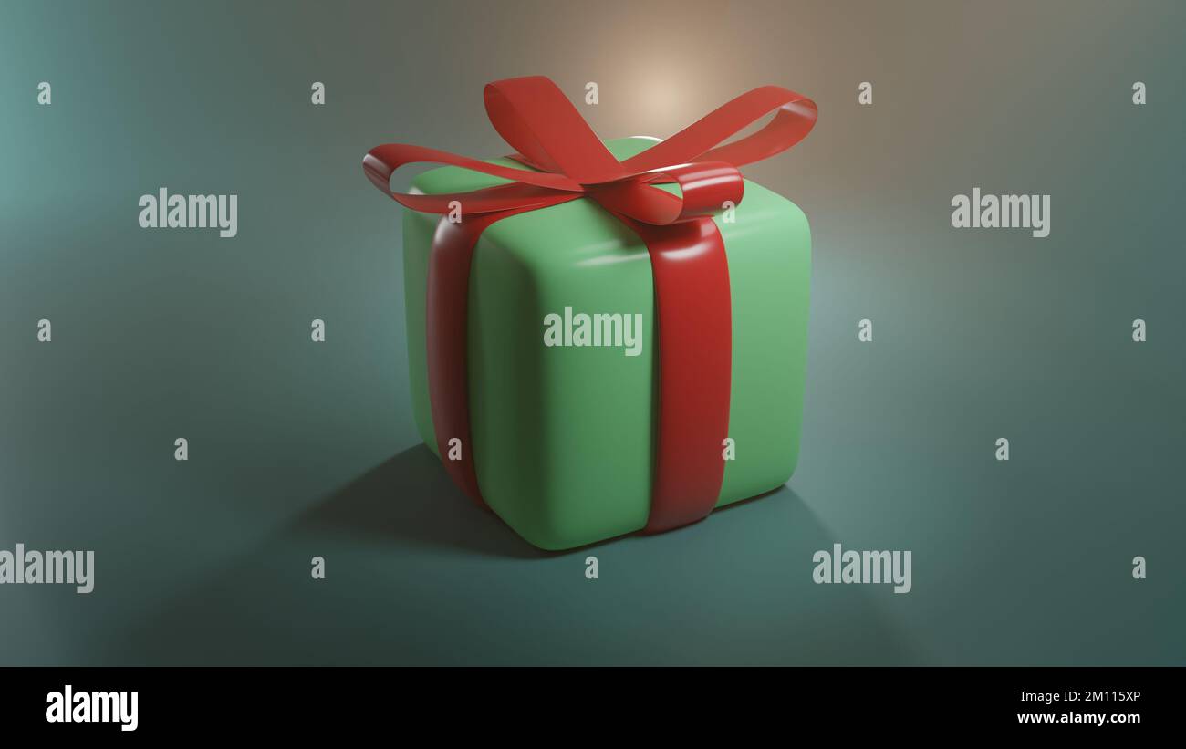 A 3D illustration of a green present box with a red bow isolated on an ...