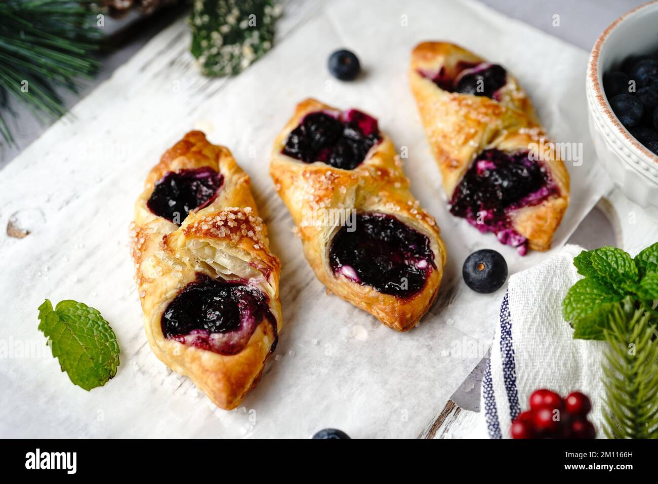 Homemade Blueberry Danish with Puff pastry o holiday background Stock ...