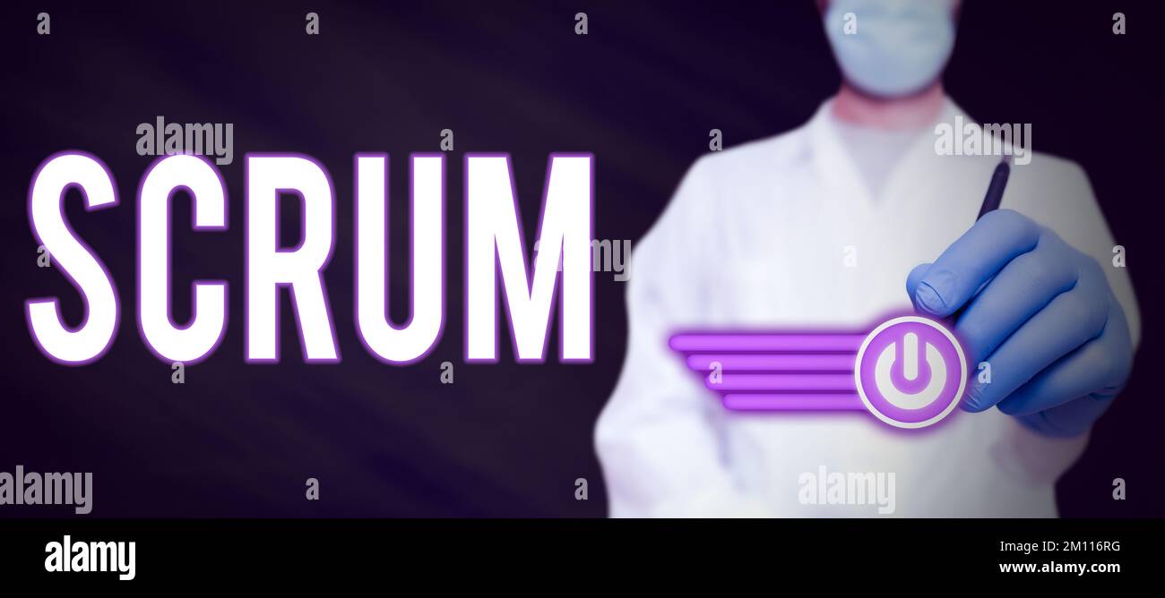 Hand writing sign Scrum. Business overview handwriting as distinct from print written characters ...