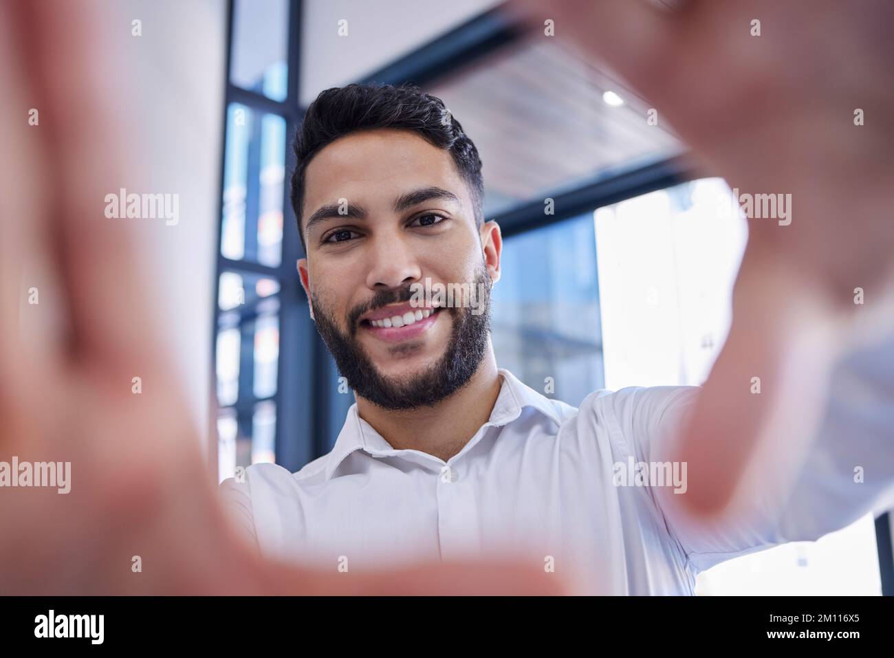 Business man, hands and selfie with a smile for pride, motivation and ...
