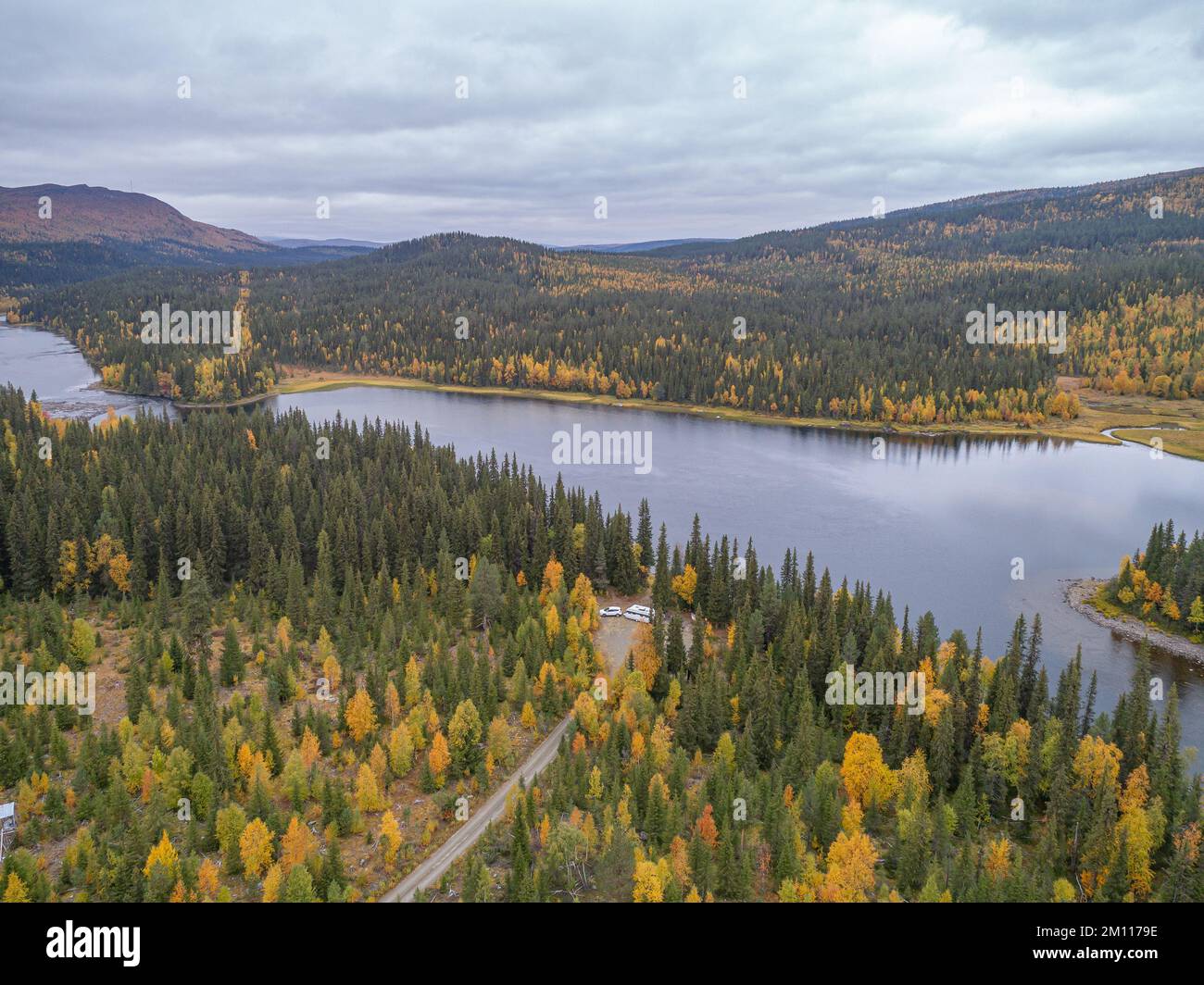 aerial view of camping caravan near river flowing to lake Gautstraesk ...
