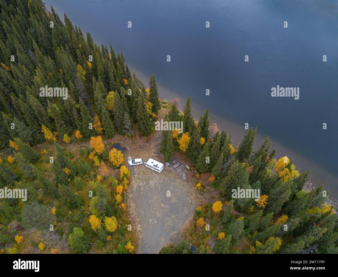 aerial view of camping caravan near river flowing to lake Gautstraesk ...