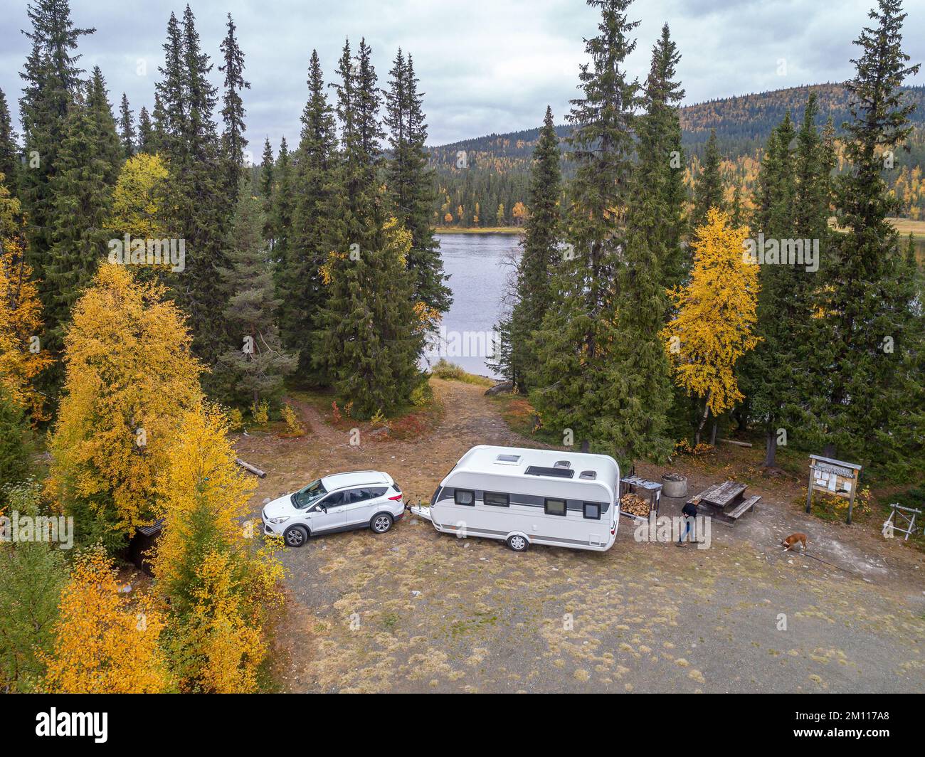 aerial view of camping caravan near river flowing to lake Gautstraesk ...