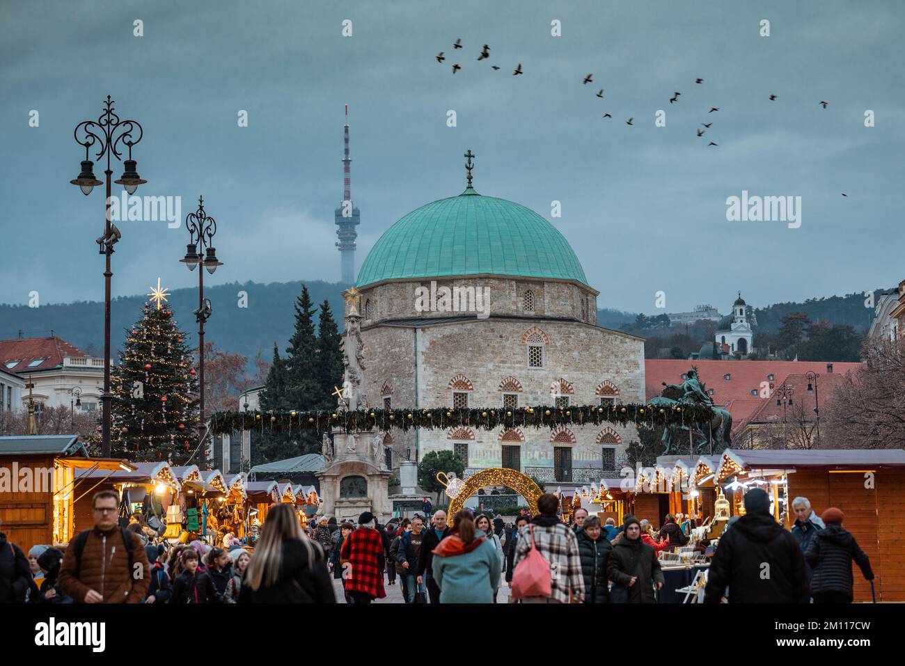 PECS, HUNGARY - DECEMBER 4 2022: Advent market with christmas tree at ...