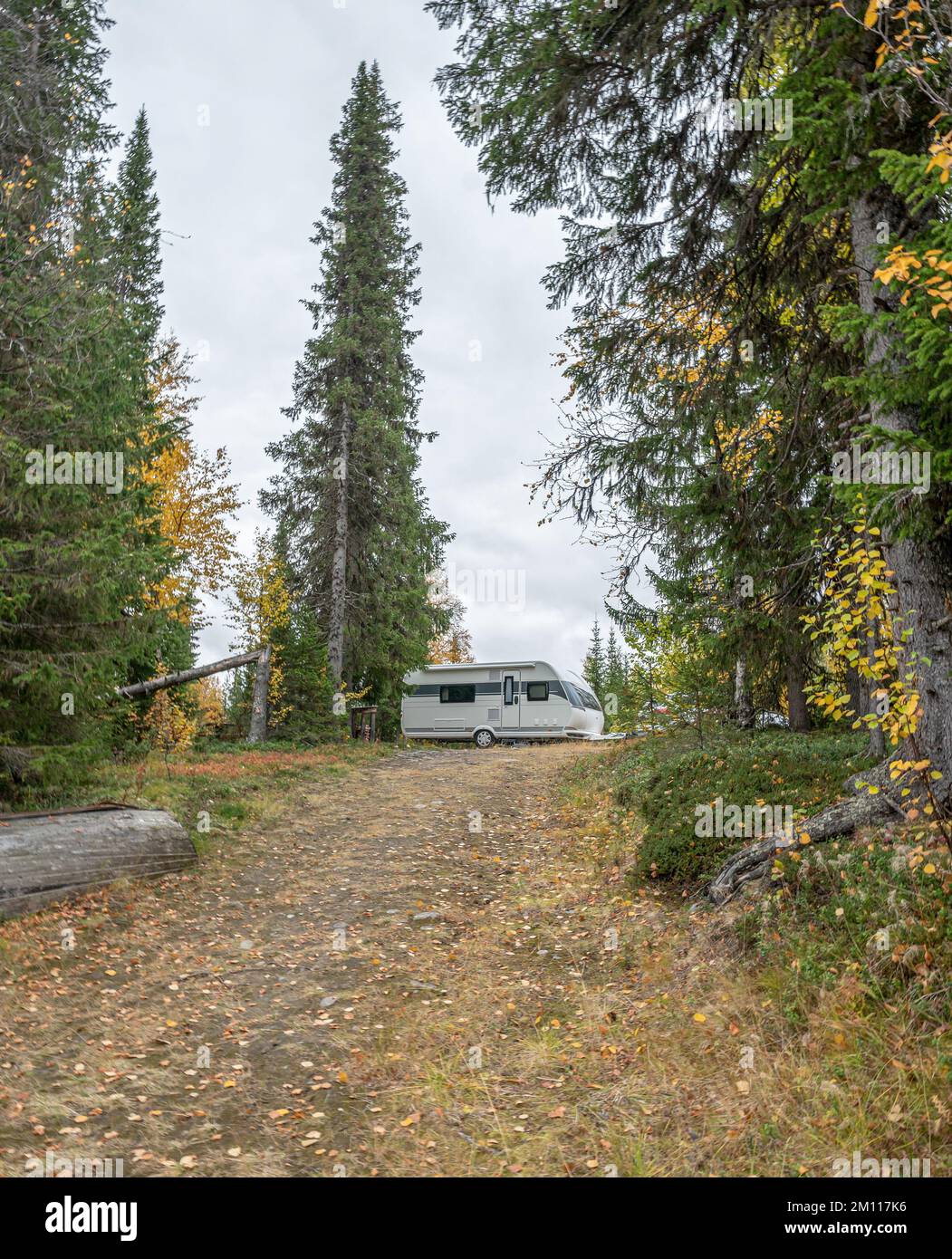 camping caravan near river flowing to lake Gautstraesk and surrouding ...