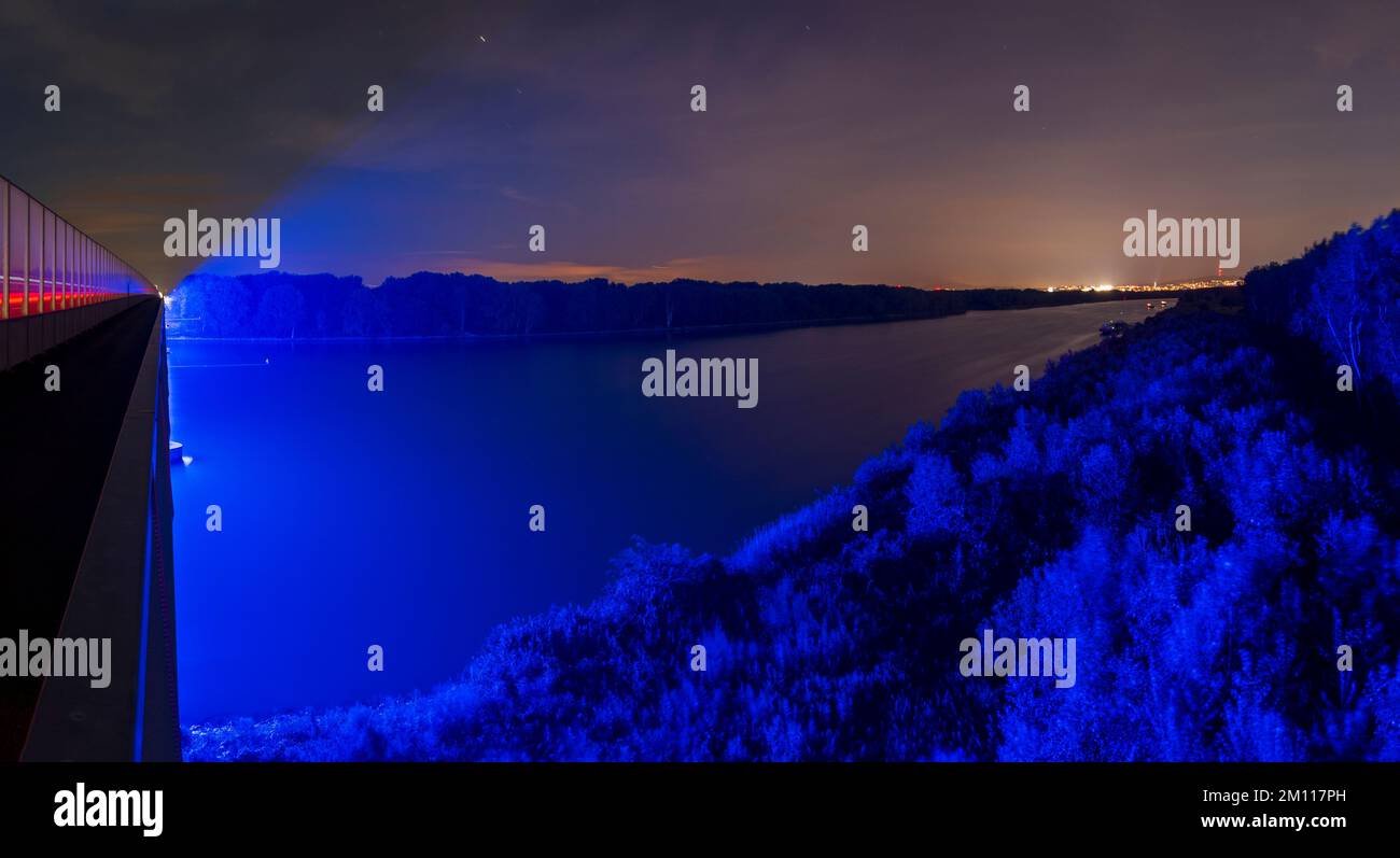 Bratislava (Pressburg): river Danube, blue lit freeway D4 bridge, view ...
