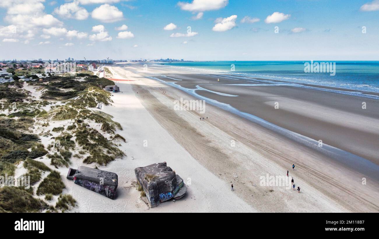 A beautiful seascape view of a sandy Dunkerque or Dunkirk beach in the ...