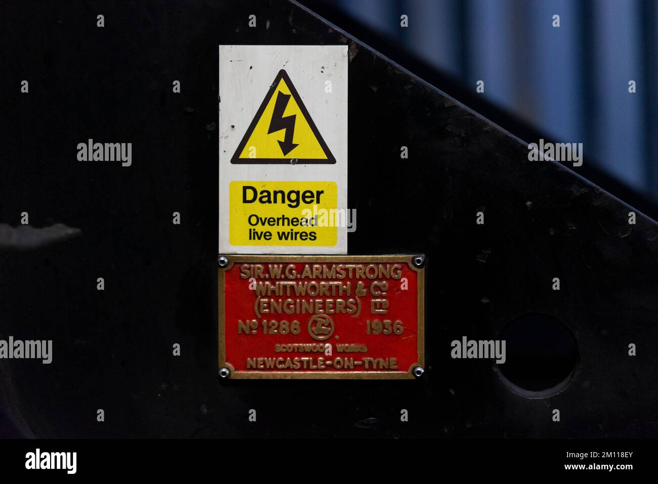 Maker's plate and overhead wires danger markings on Stanier Class 5 ...