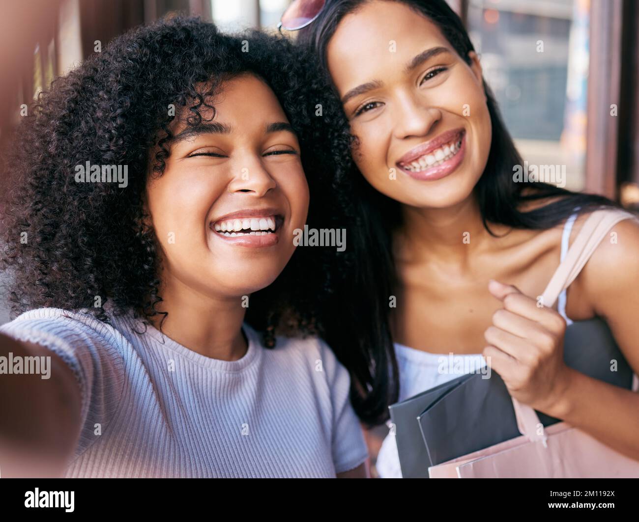 Friends, selfie and shopping date with black women, smile and happiness ...