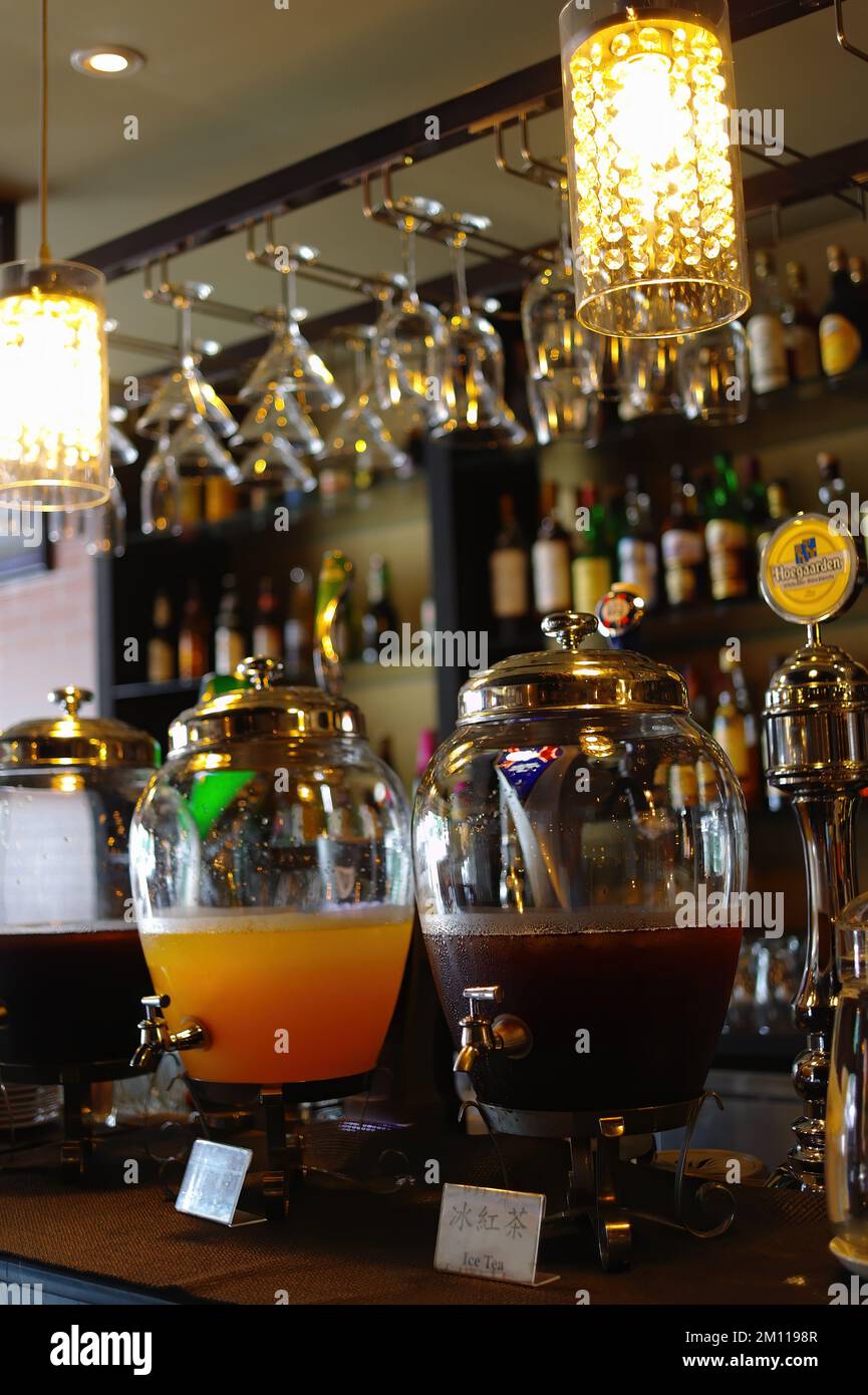 Taipei, JAN 1 2010 - Interior view of a bar with ice tea, tap beer ...