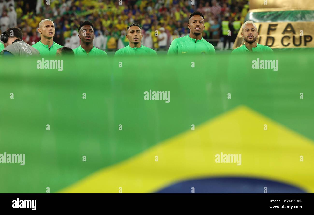 Al Rayyan, Qatar. 9th Dec, 2022. Neymar (1st R) of Brazil line up with ...