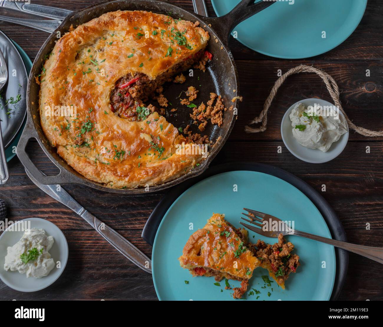 Savory pie with delicious ground beef, vegetables filling. Baked in a ...