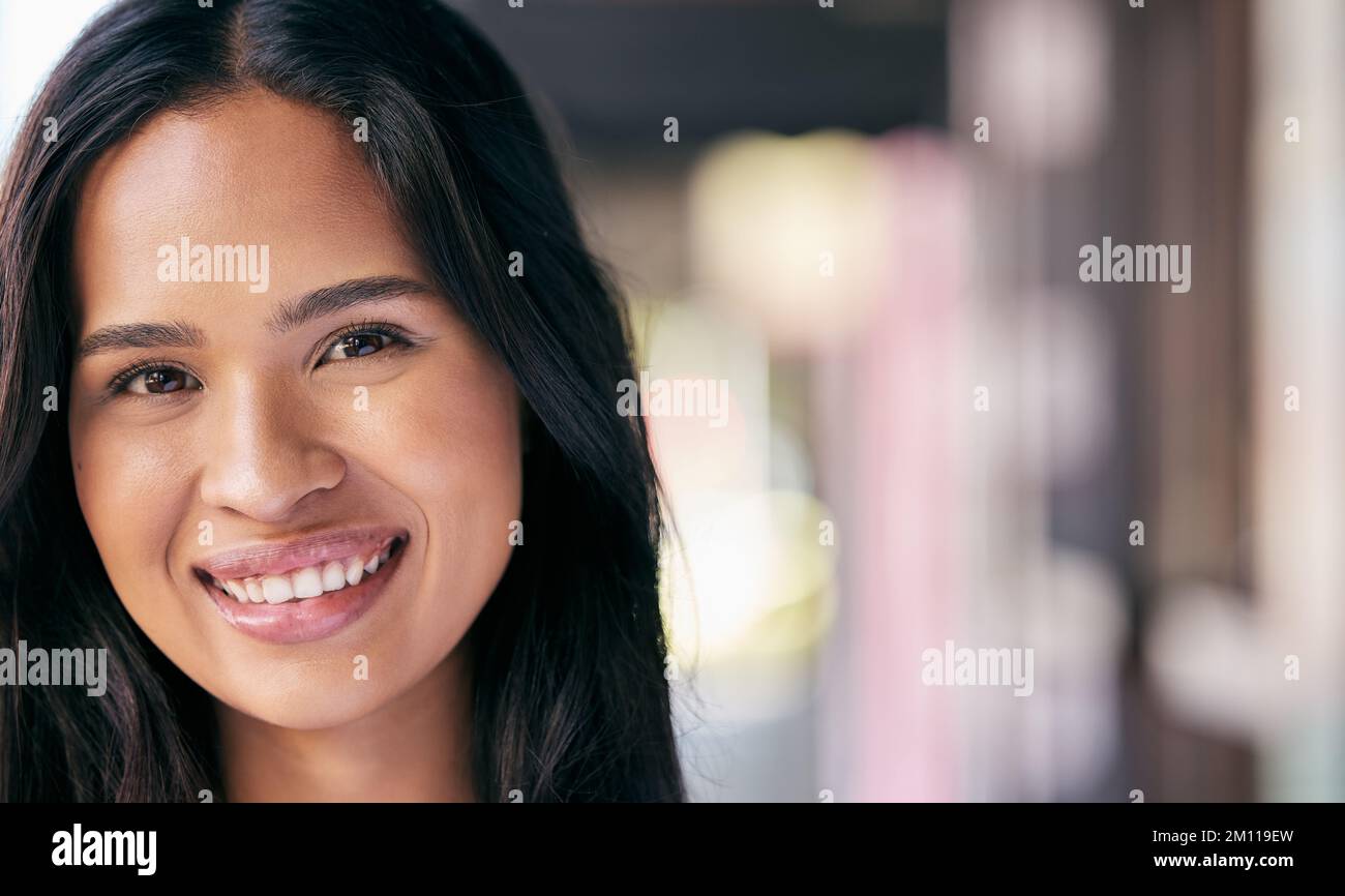 Woman, face and smile with free space for marketing and advertising ...