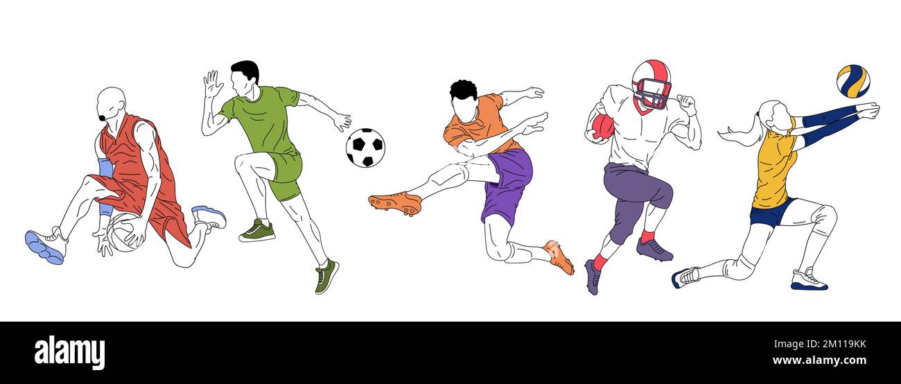 Set of vector illustrations. People, sportsmen training over white ...