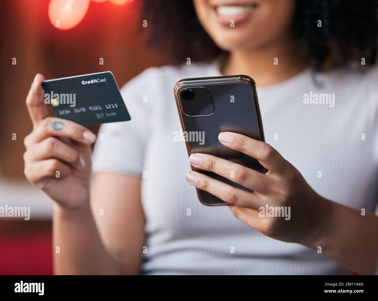 Woman hands, phone and credit card for ecommerce, online shopping and ...