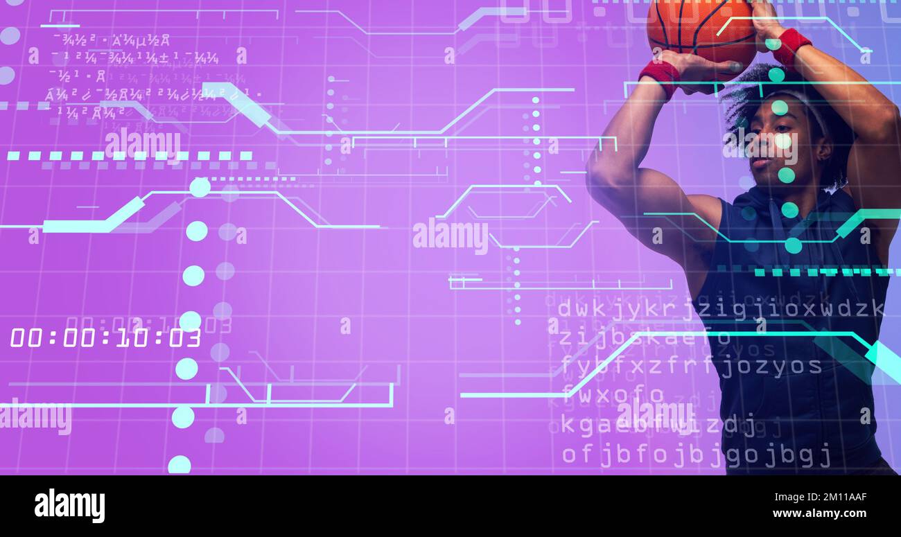 Biracial basketball player taking shot with ball over illuminated grid ...