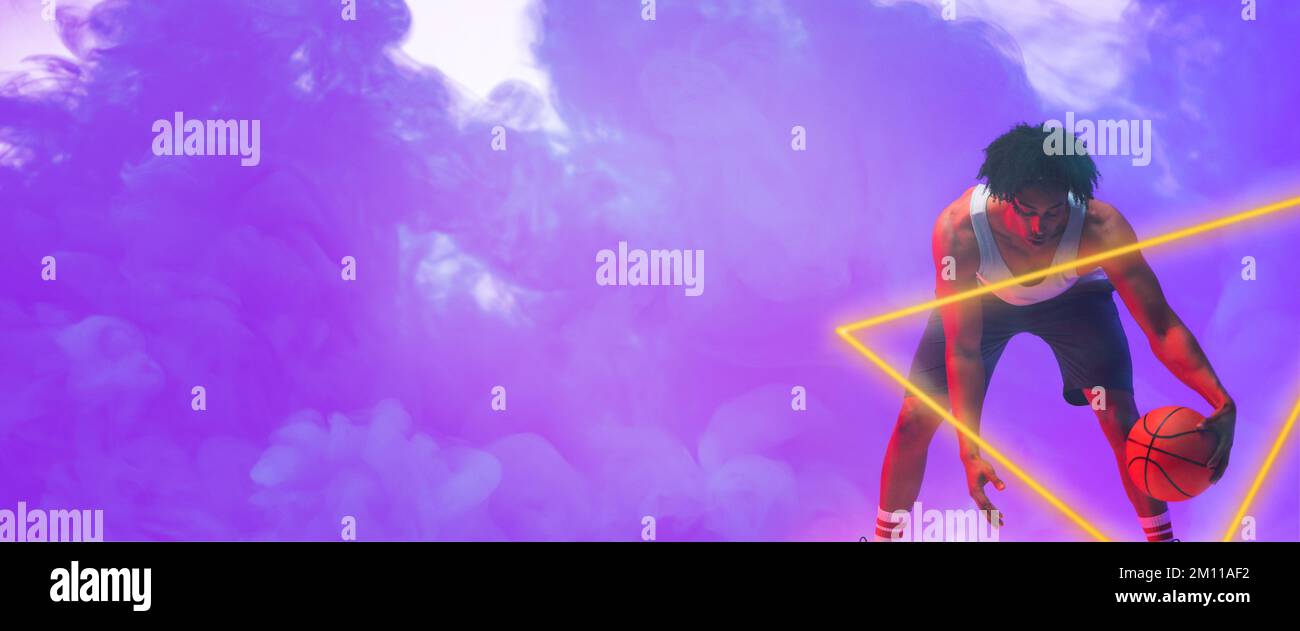 Composite of biracial male basketball player dribbling ball by triangle ...