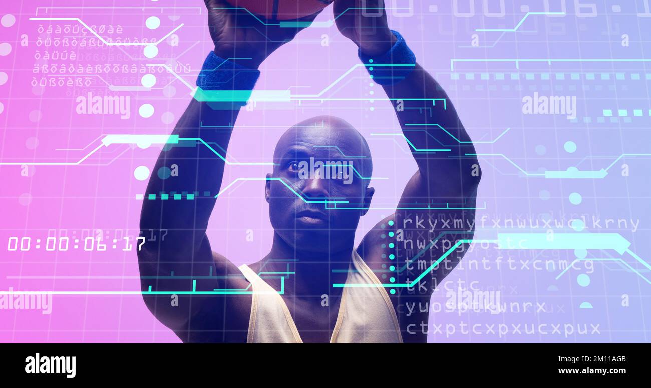 African american player with arms raised throwing basketball on grid ...