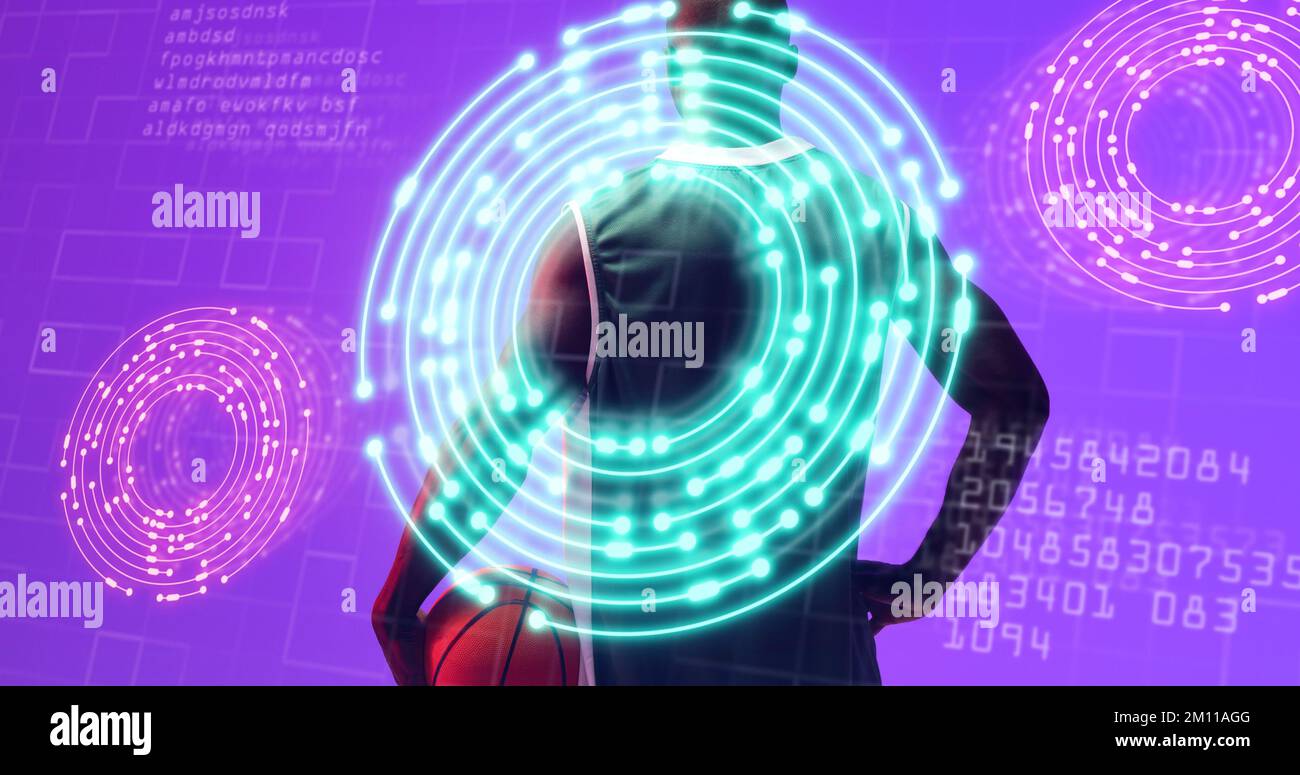 Illuminated circles and codes over african american basketball player ...