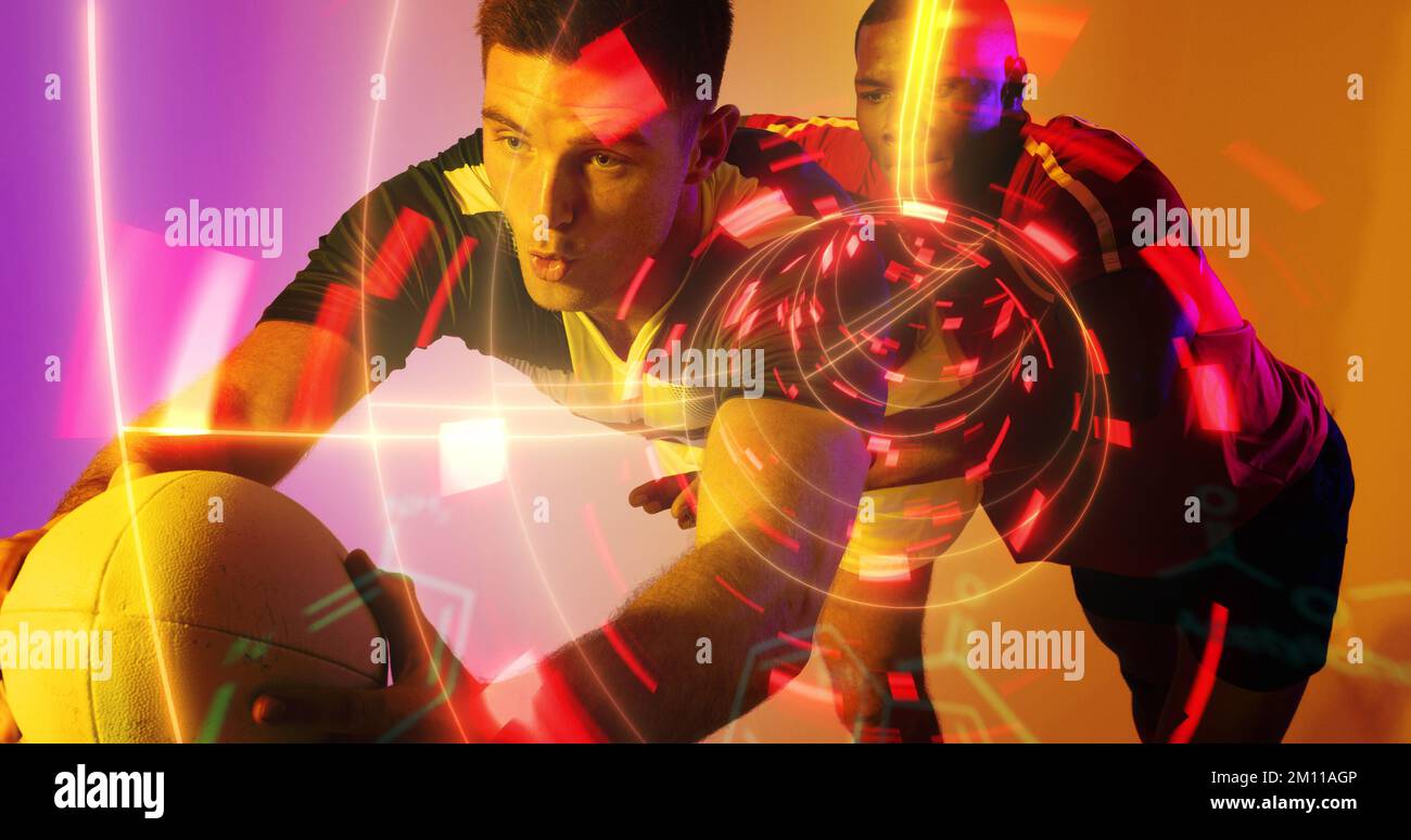 Composite of diverse male rugby players chasing ball over illuminated ...