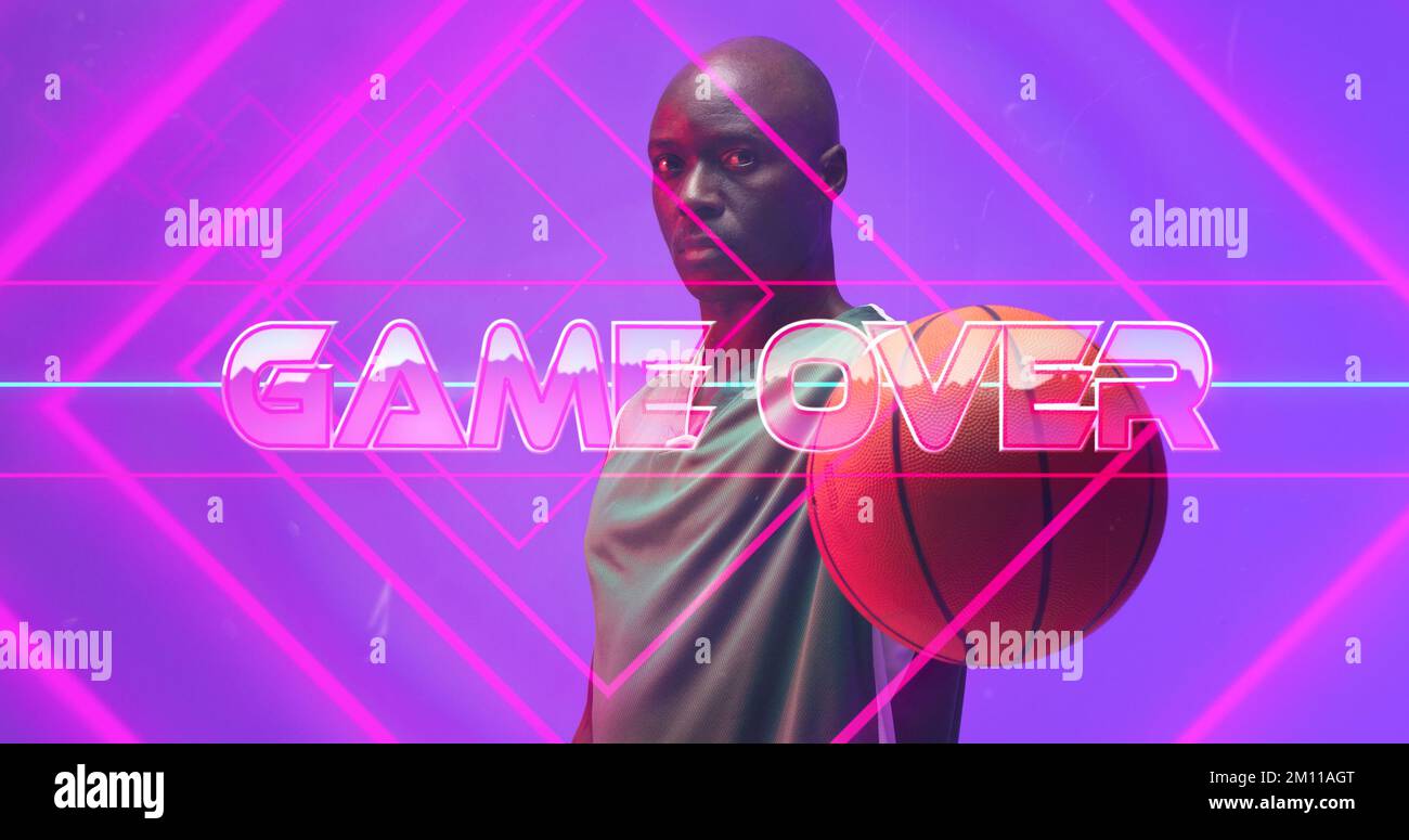 Composite of game over text with lines over bald african american ...