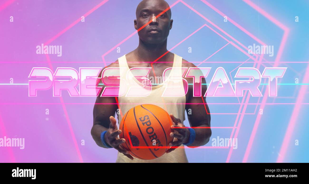 Composite of press start text with lines over portrait of serious ...