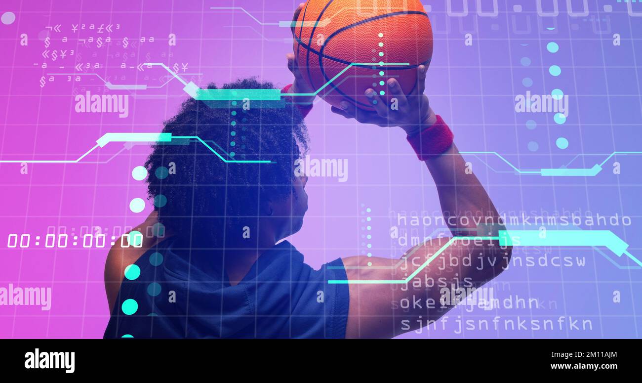 Rear view of biracial male player taking shot with basketball on grid ...