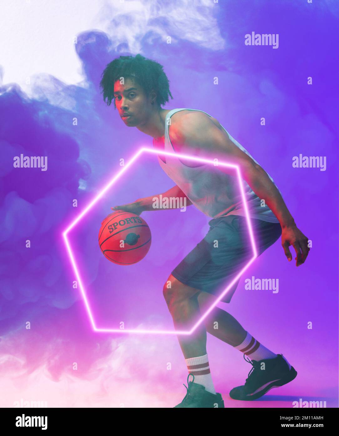 Composite of biracial basketball player dribbling ball by glowing ...