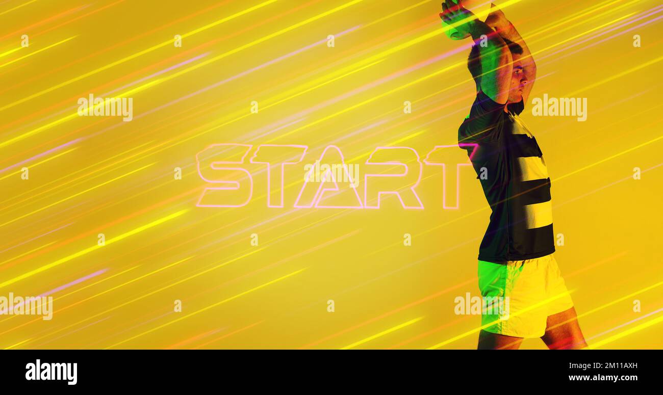 Caucasian rugby player throwing ball by start text over long exposure ...