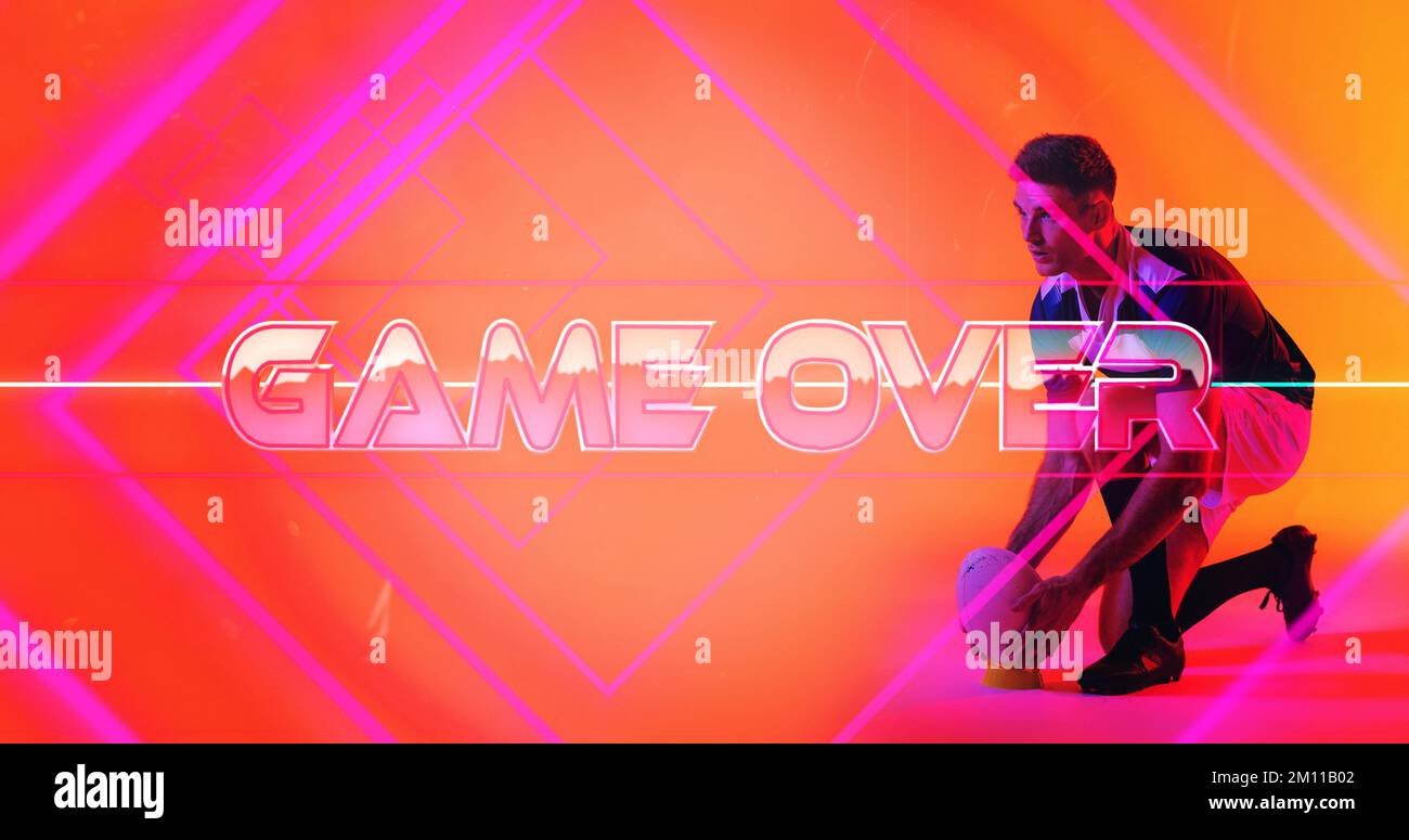 Illuminated game over text and lines over caucasian rugby player ...