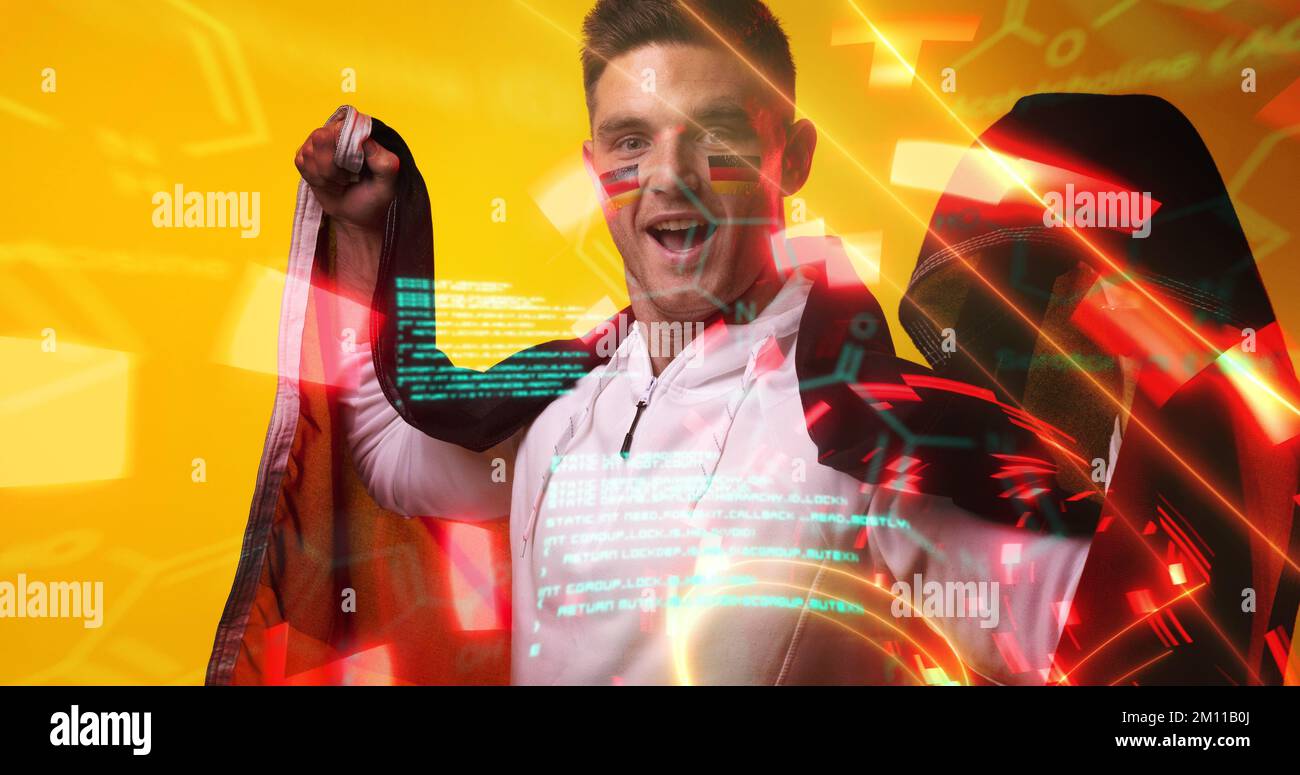 Portrait of caucasian soccer player with flag celebrating success with ...