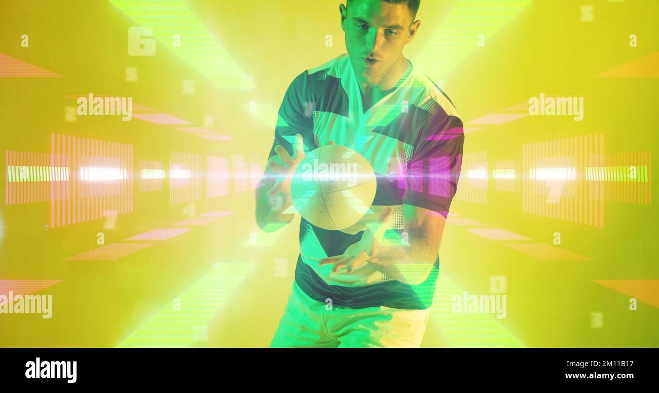 Caucasian rugby player throwing ball over illuminated rays and abstract ...