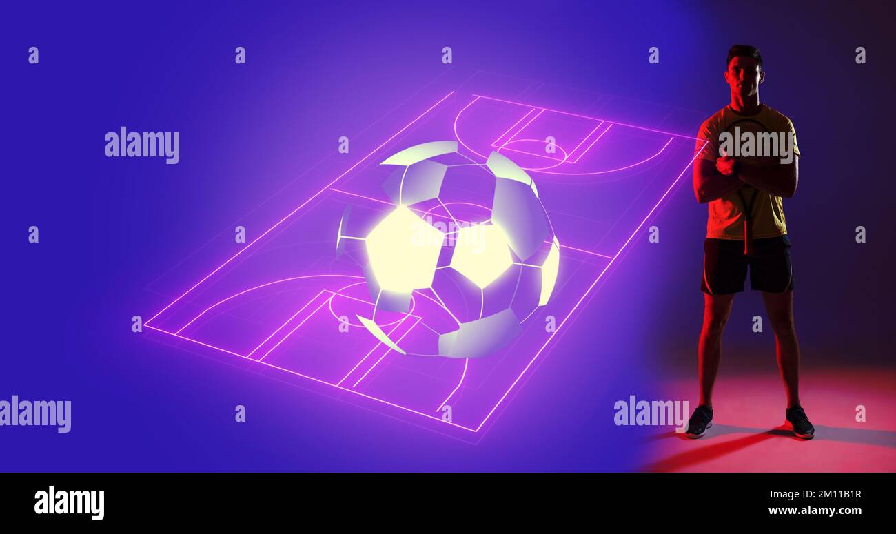 Digital composite image of young caucasian player with illuminated neon ...