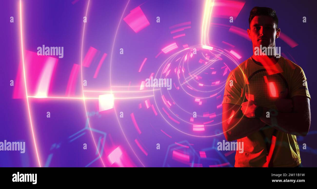 Confident caucasian sportsman with neon chemical structure and abstract ...