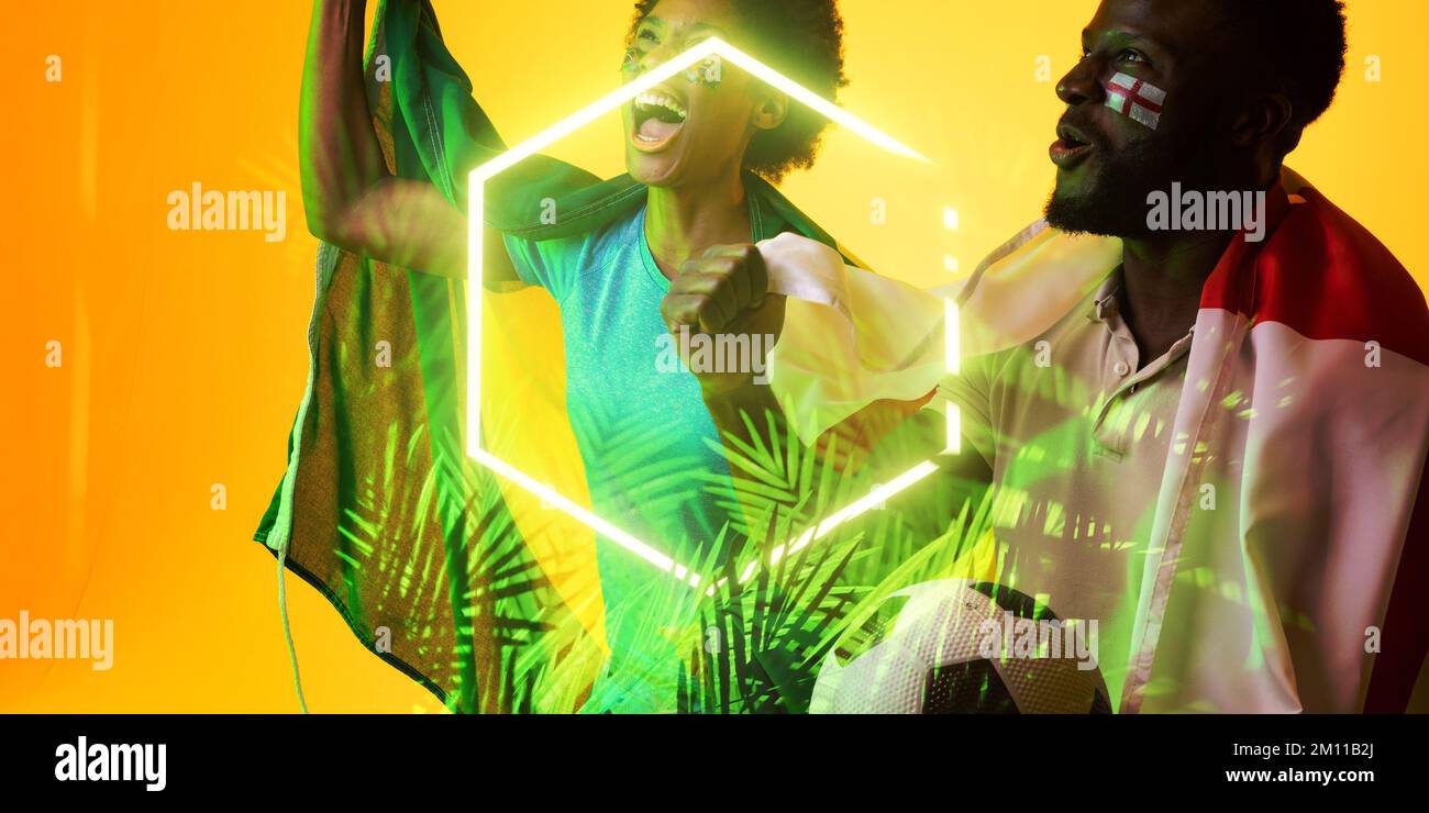 Hexagon neon over african american fans with flags painted on cheeks ...