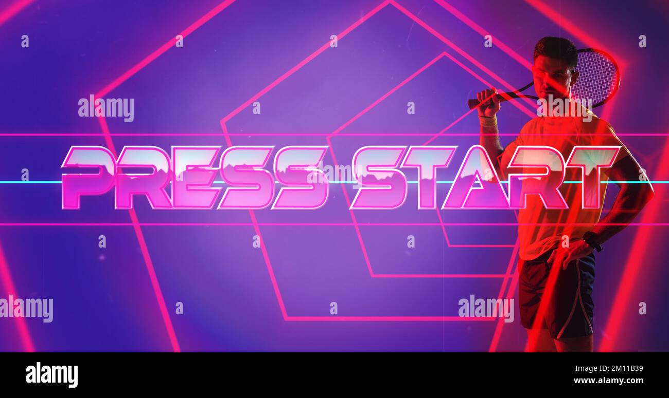 Composite of press start text and caucasian tennis player with red neon ...