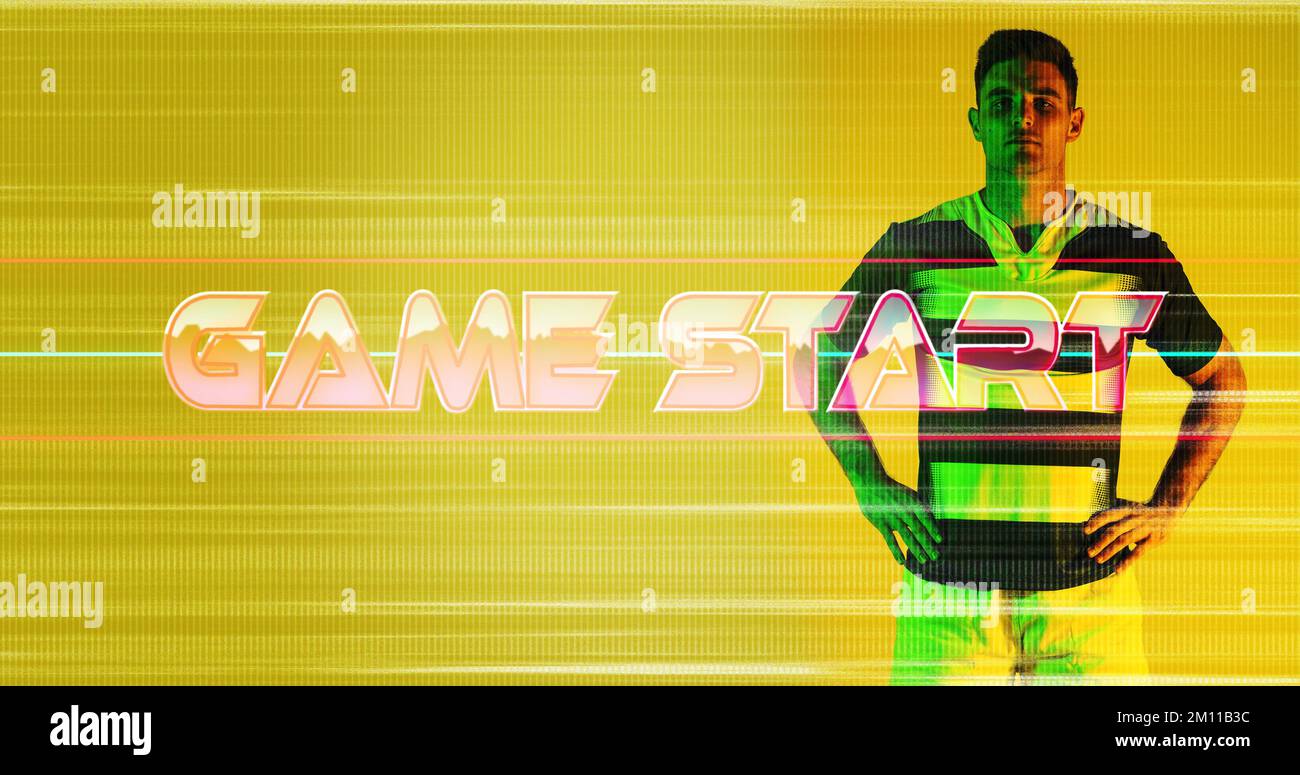Game start text and glitch technique with caucasian rugby player ...